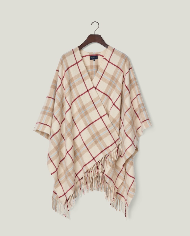 Checked recycled wool blend Poncho, off white/pink/beige | Lexington